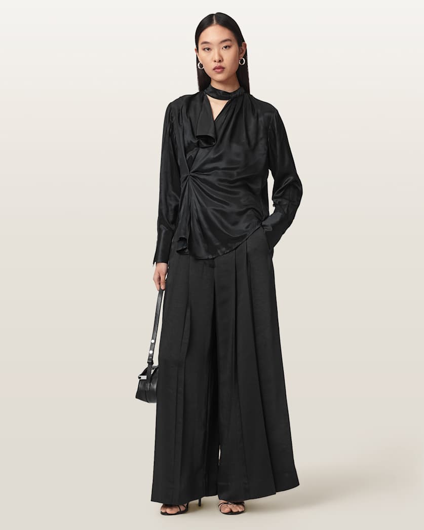 Zellie Silk Blend Pleated Top Black | ALLSAINTS Canada